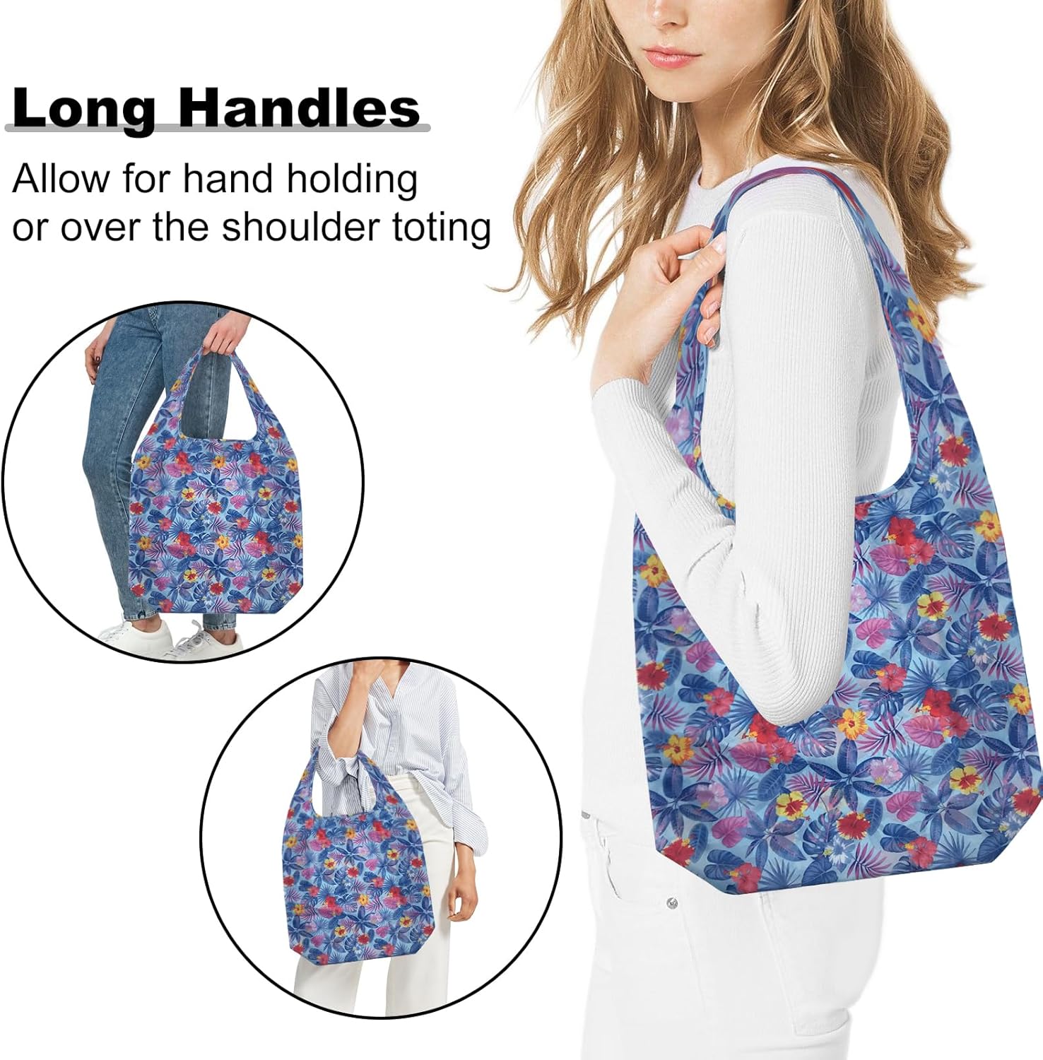 5 Pack Foldable Shoping Bags Tote Bulk Nylon Bags with Handles Blue Tr ...